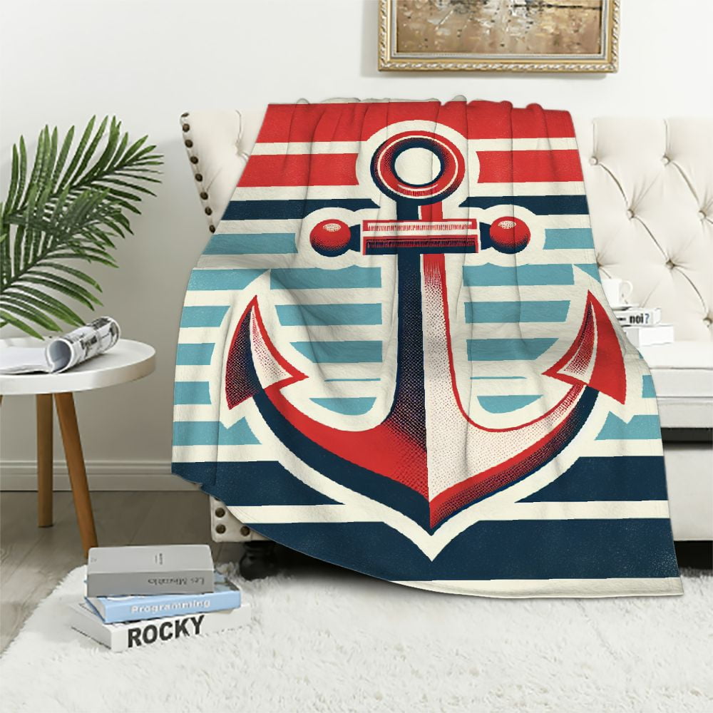 GOSMITH Nautical Anchor Navy Blue Stripes with Red Ocean Sea Sailing ...
