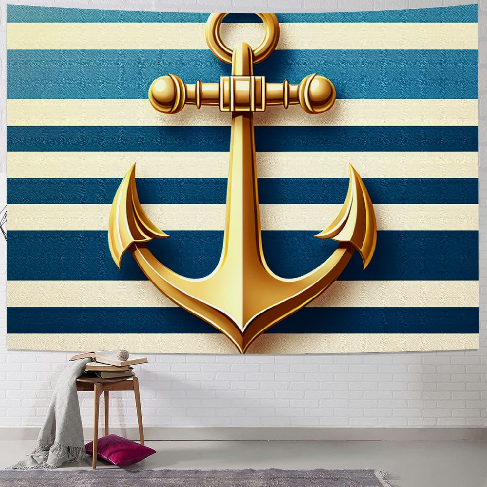 GOSMITH Nautical Decorative, Stripes and Gold Anchor Pattern Tapestry ...