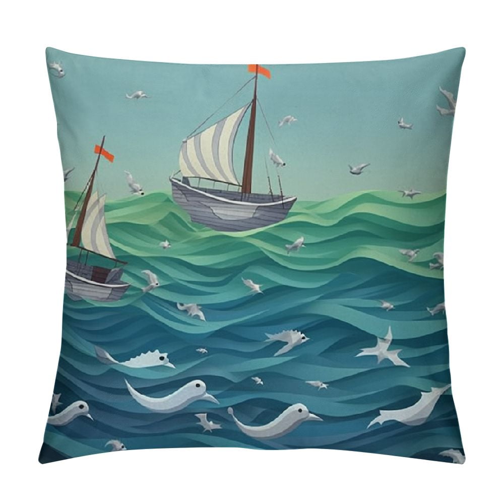 GOSMITH Nautical Throw Pillow Cushion Cover, Theme Paper Boat Sea Happy ...