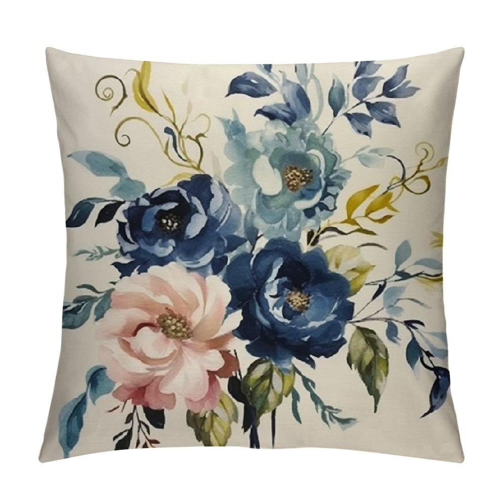 GOSMITH Navy Blue Pillow Covers Blue White Floral Roses Throw Pillow ...