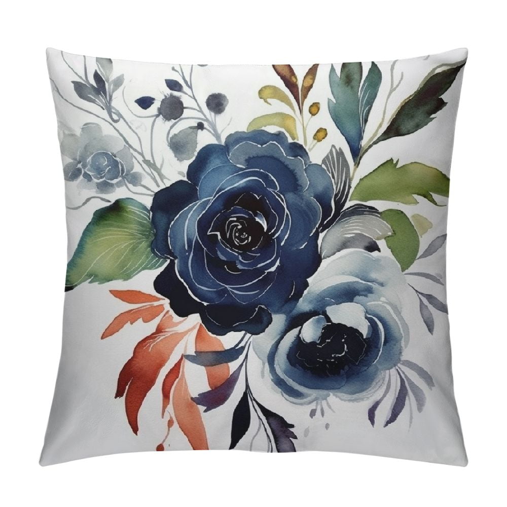 GOSMITH Navy Blue Throw Pillow Covers Floral Roses Flower White Grey ...