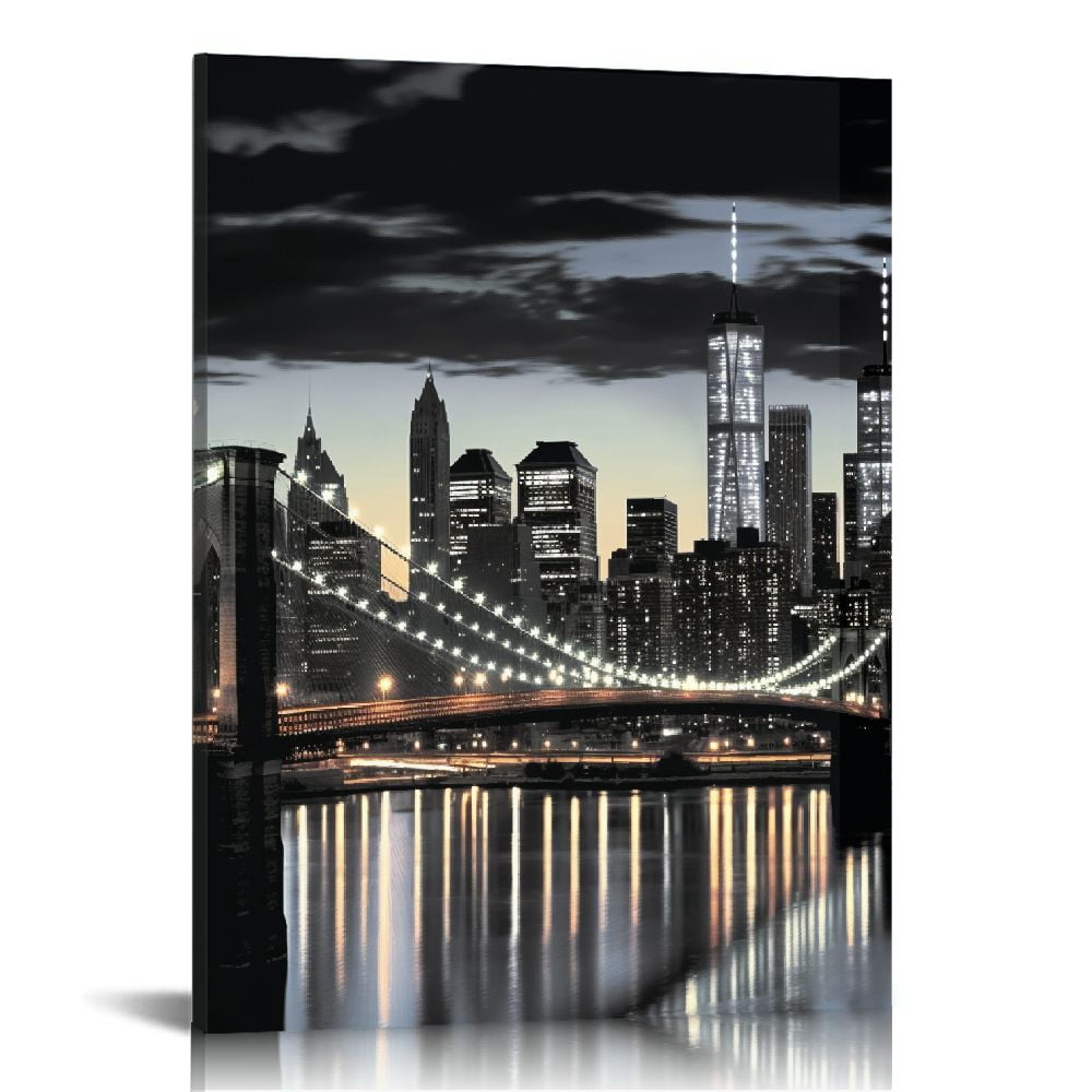 GOSMITH New York Skyline Wall Art Brooklyn Bridge Moon Night View ...