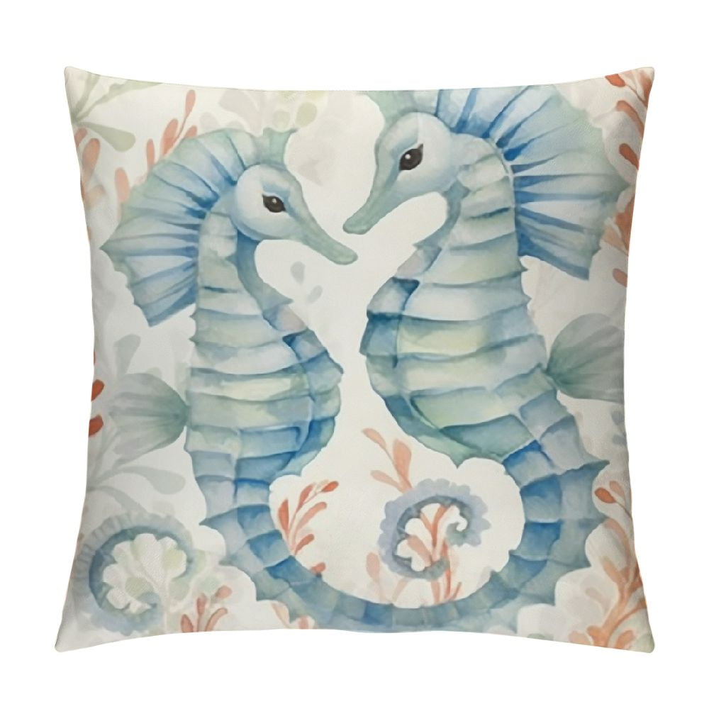 GOSMITH Ocean Beach Throw Pillow Covers Seahorse Turtle Starfish Coastal Outdoor Decorative ...