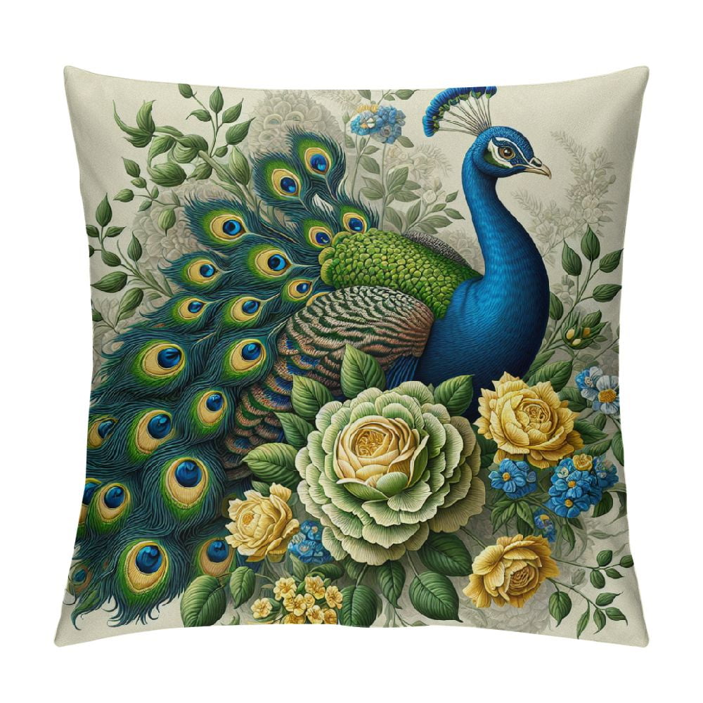 GOSMITH Outdoor Pillow Cover Peacock Flowers Watercolor Satin Cushion ...