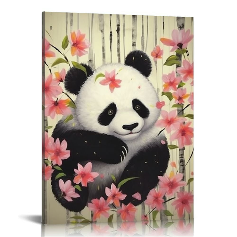 GOSMITH Panda Canvas Wall Art Animals Painting with Bamboo Flowers Cute ...