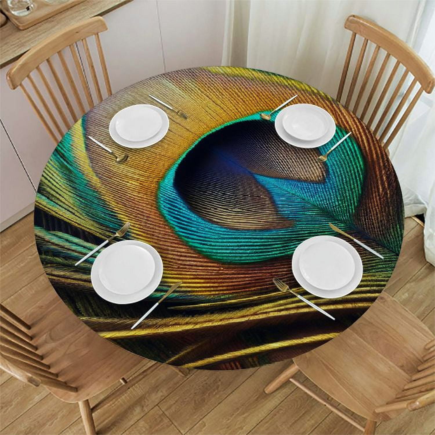 GOSMITH Peacock Feather Satin Bird Animal Round Tablecloth White ...