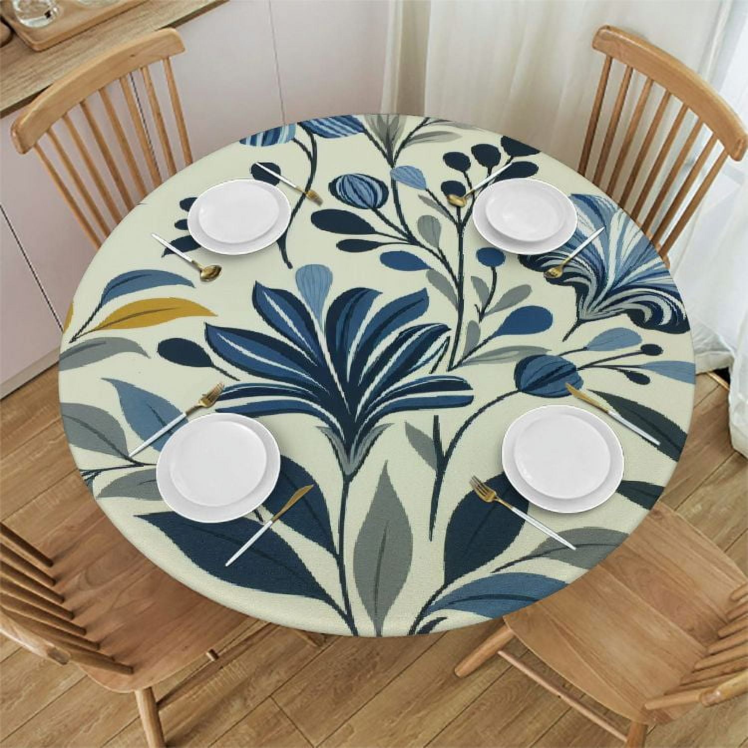 GOSMITH Picnic Dining Kitchen Farmhouse Round Tablecloth Flowers Teal Grey Mustard Yellow Floral ...