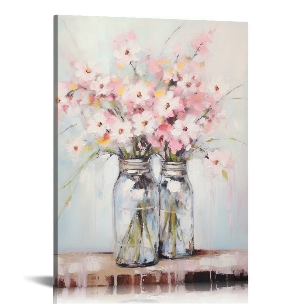GOSMITH Pink Flowers Canvas Wall Art Abstract Bouquet in Vase Artwork ...