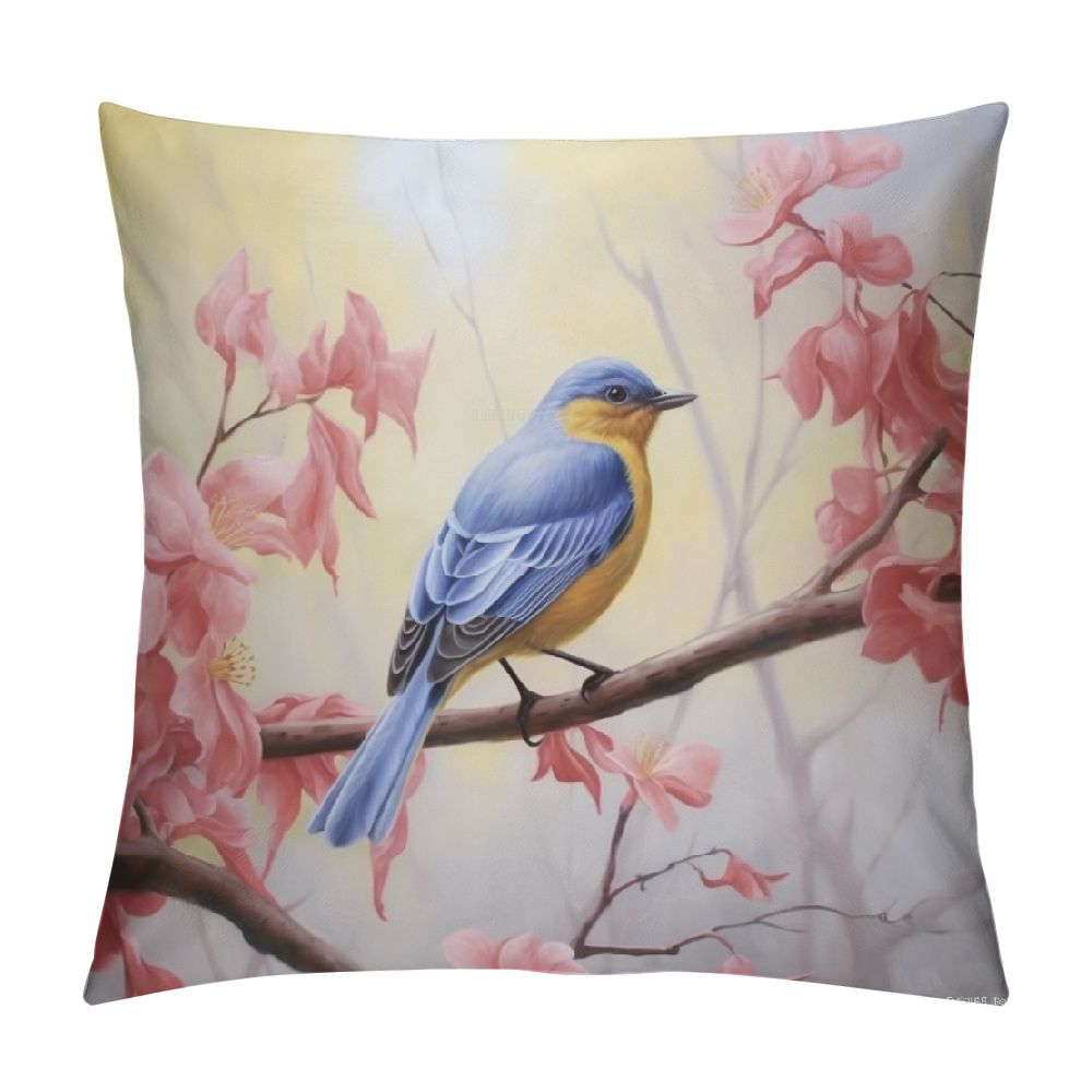 GOSMITH Pink Magnolia Bluebird Throw Pillow Cover Sided with Zipper ...