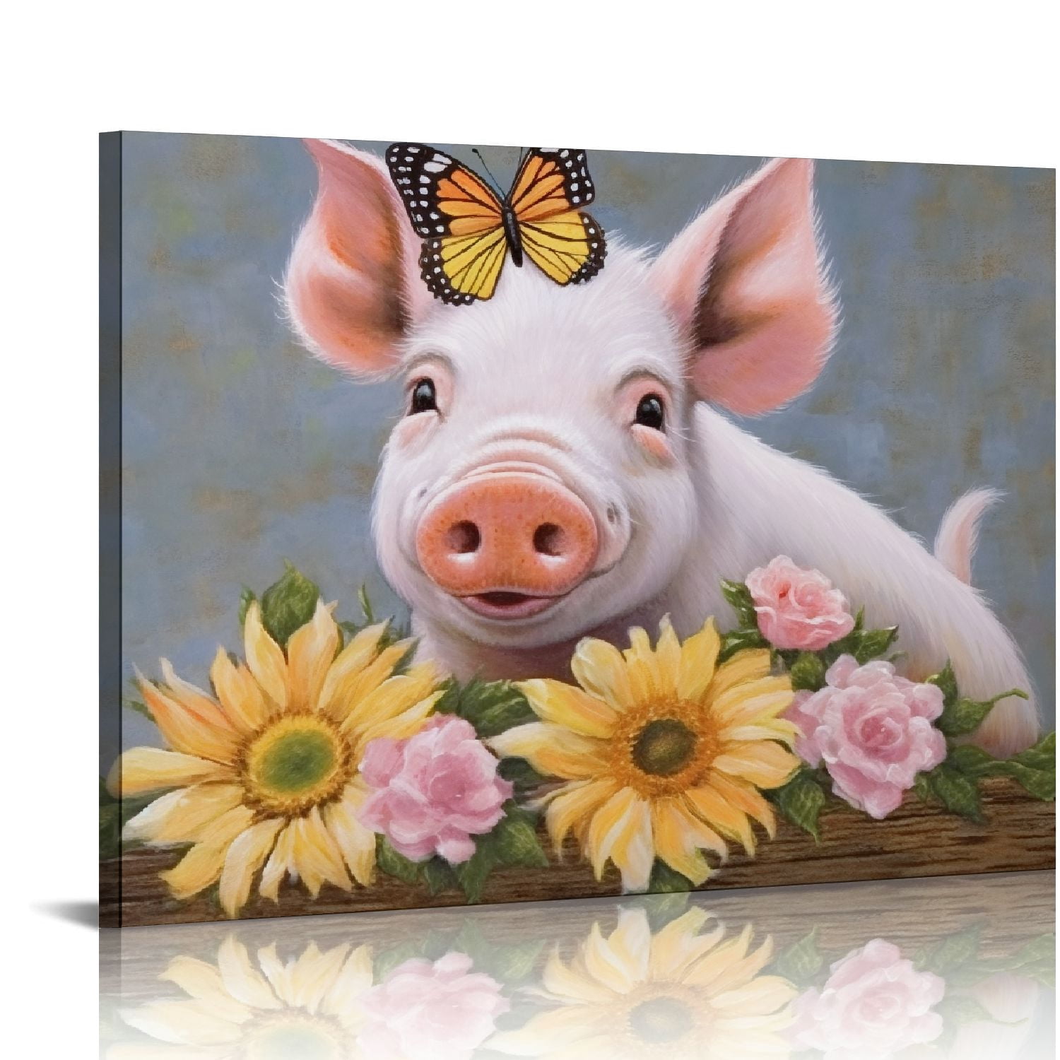 GOSMITH Pink Pig Wall Art Print Piggy Painting Wearing Flower Headband ...