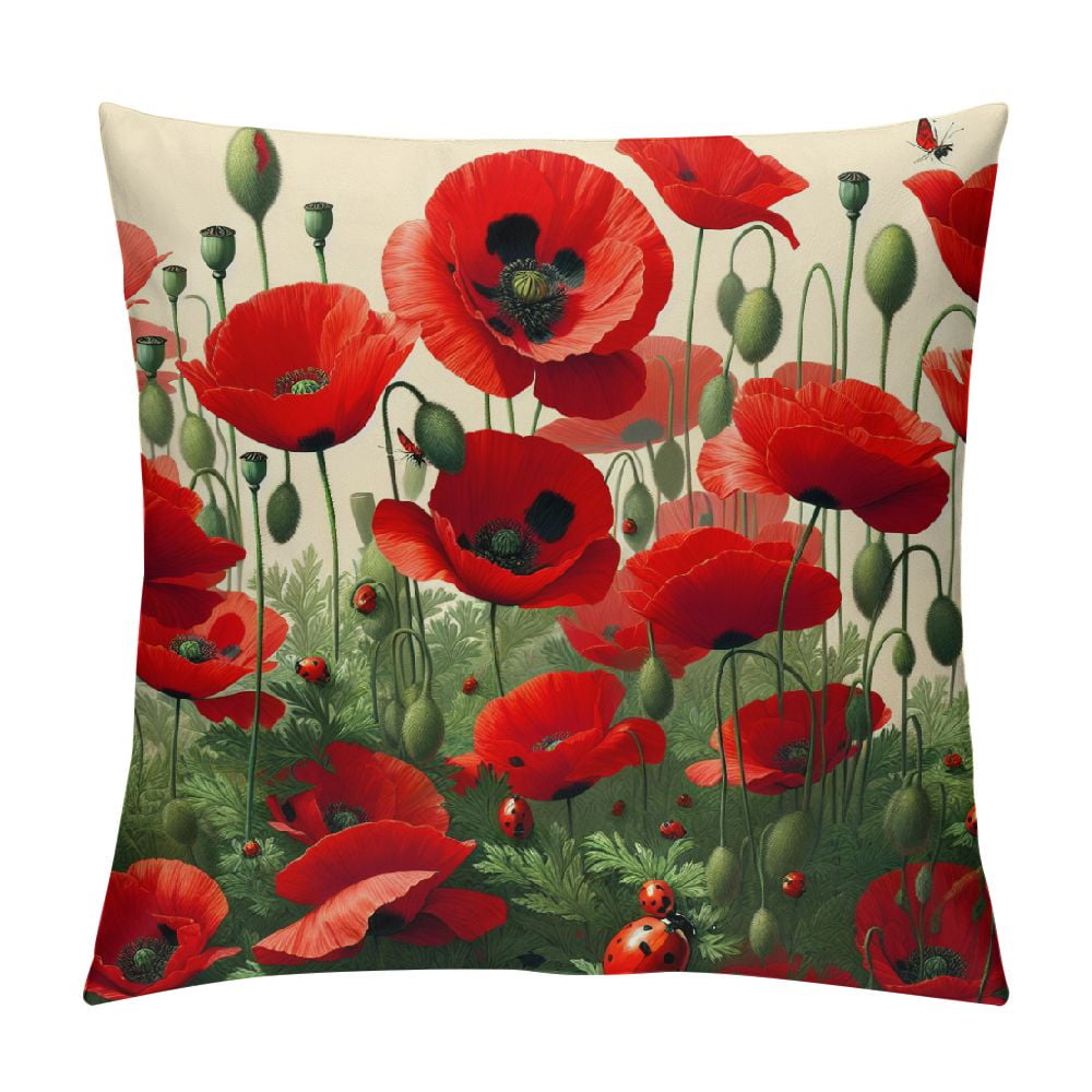 GOSMITH Red Poppy Flower Throw Pillow Covers,Green Grass Pillow Cases ...