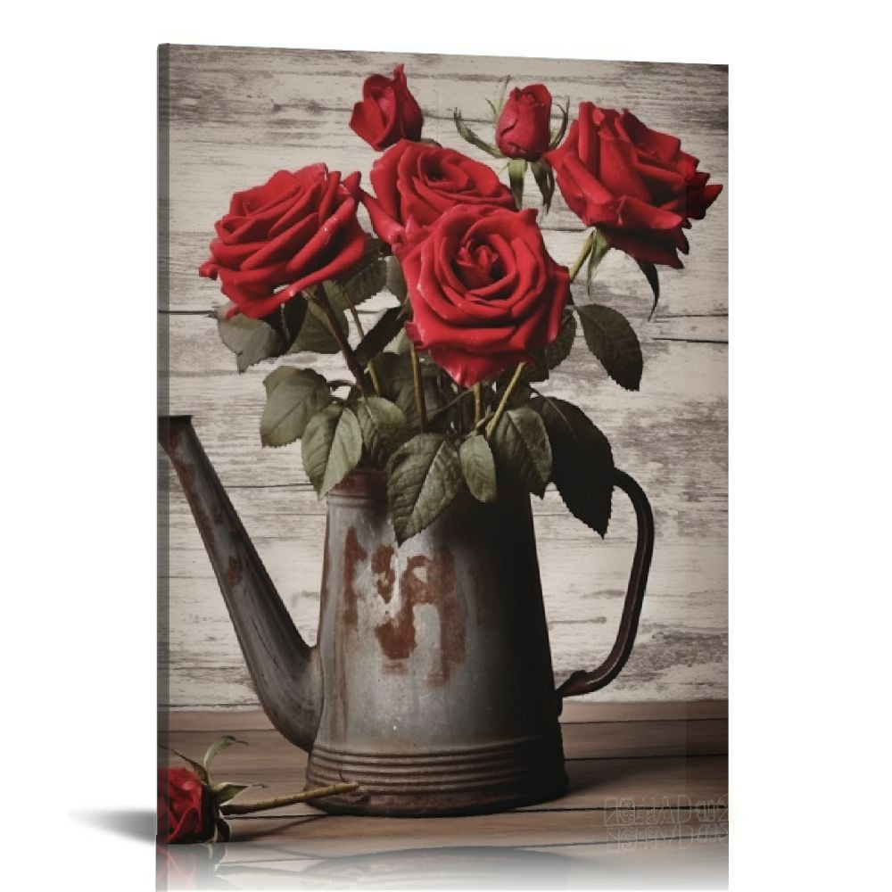 GOSMITH Red Rose Canvas Wall Art: Rustic Black White Flower Framed ...