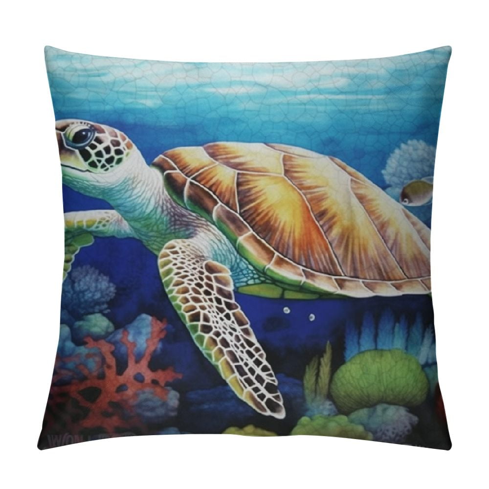 GOSMITH Sea Turtle Decorative Pillow Covers Lonely Swim in Ocean Retro ...