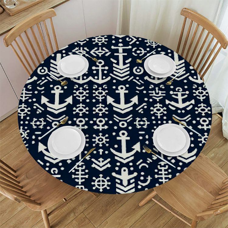 GOSMITH Soft Cushion Anchor Navy Blue White Nautical Round Tablecloth ...