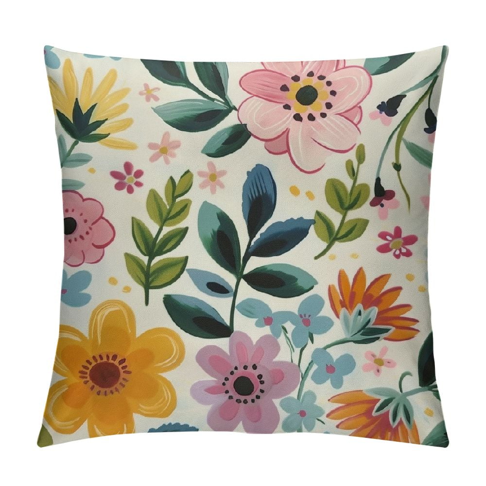 GOSMITH Spring Floral Pillow Covers Cute Watercolor Yellow Pink Blue ...