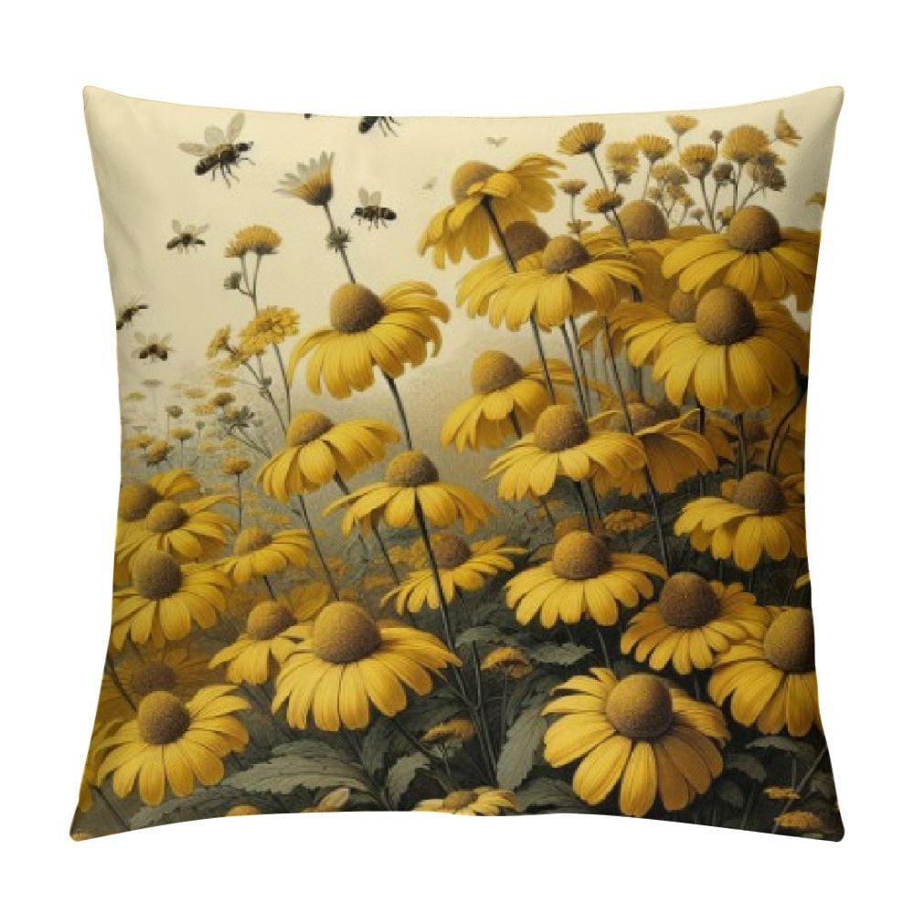 Leisuo Spring Summer Throw Pillow Covers Yellow Flowers Bee Decorative ...