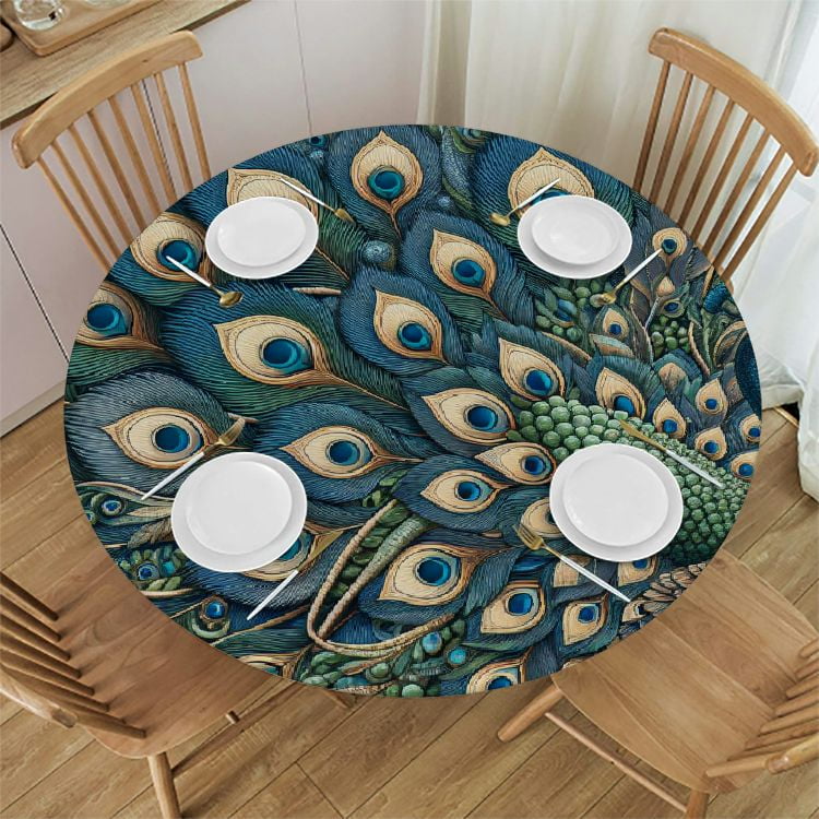 GOSMITH Table Cover Peacock Pattern Peacock Feathers, Round Tablecloth ...