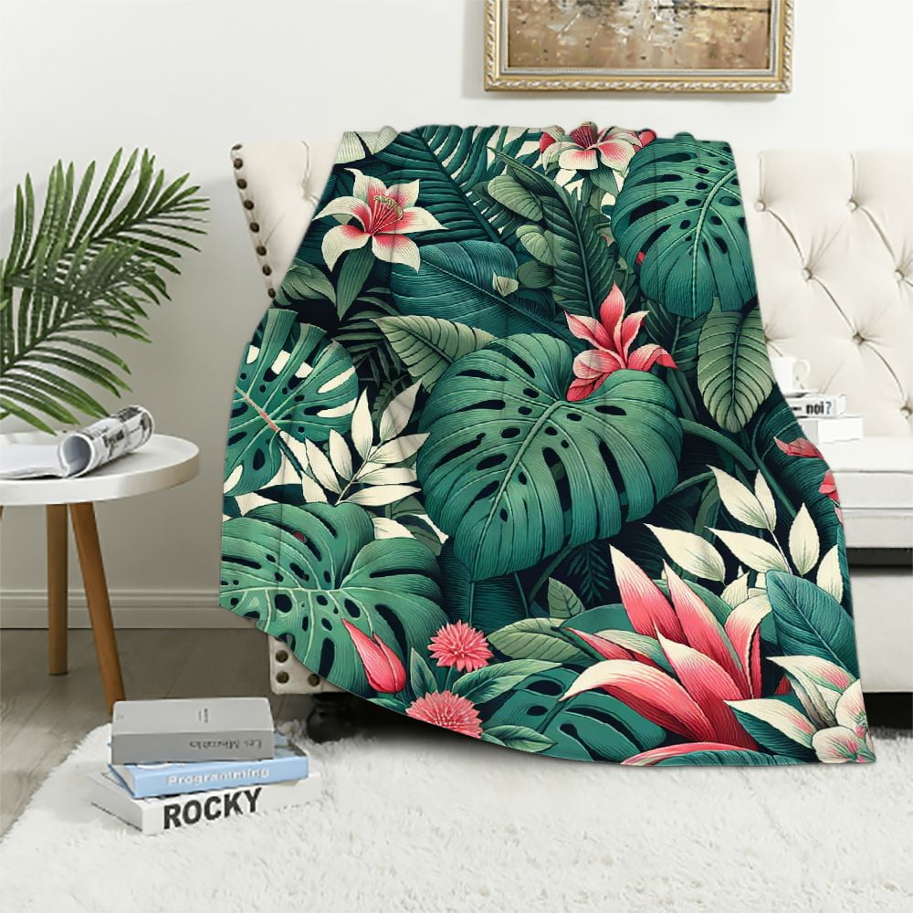 GOSMITH Throw Blanket Summer Tropical, Monstera Palm Leaf Flower, Green Plant Hawaiian Pink Red ...