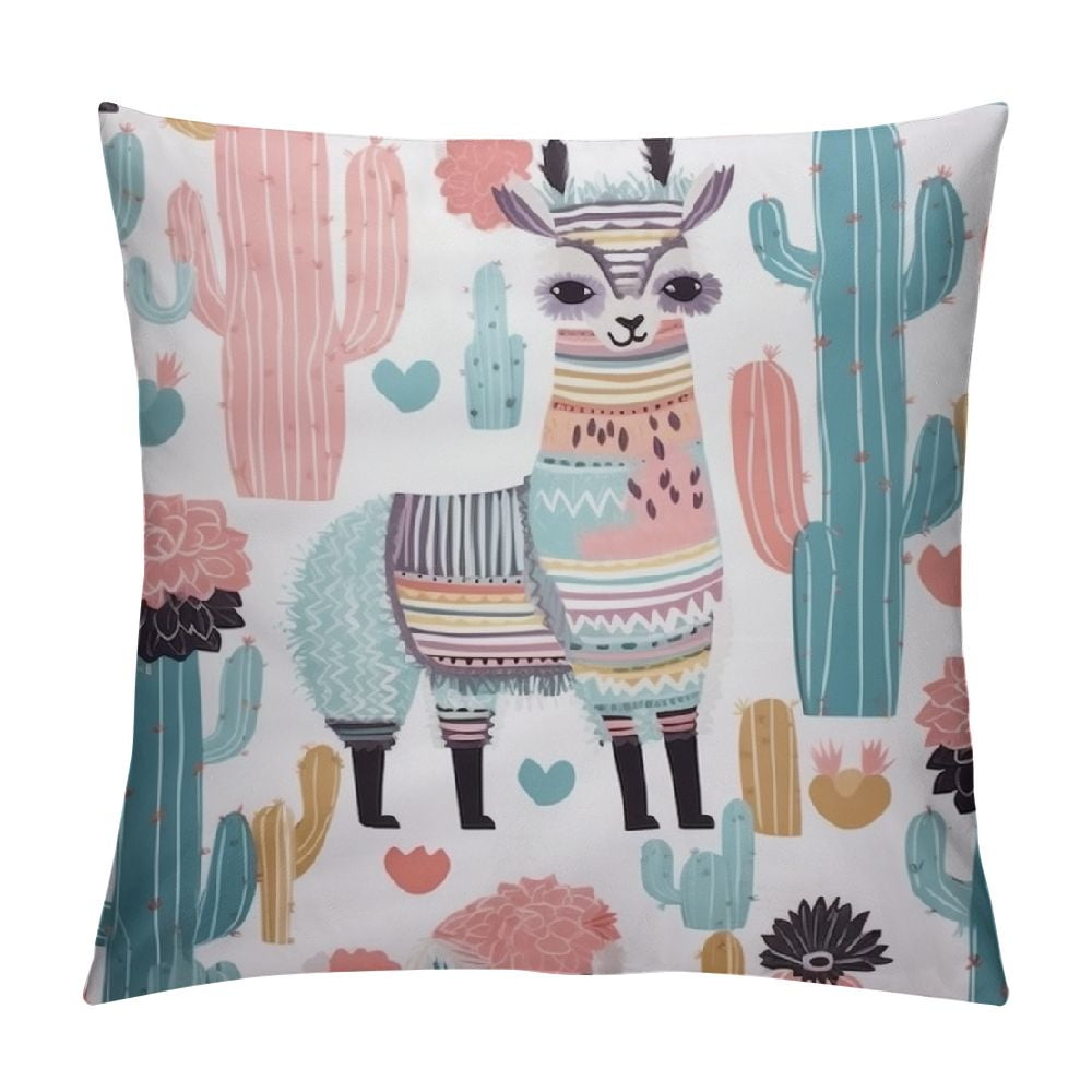 GOSMITH Throw Pillow Cover Alpaca with Llama Cactus Adorable Animal Desert Square Decorative ...