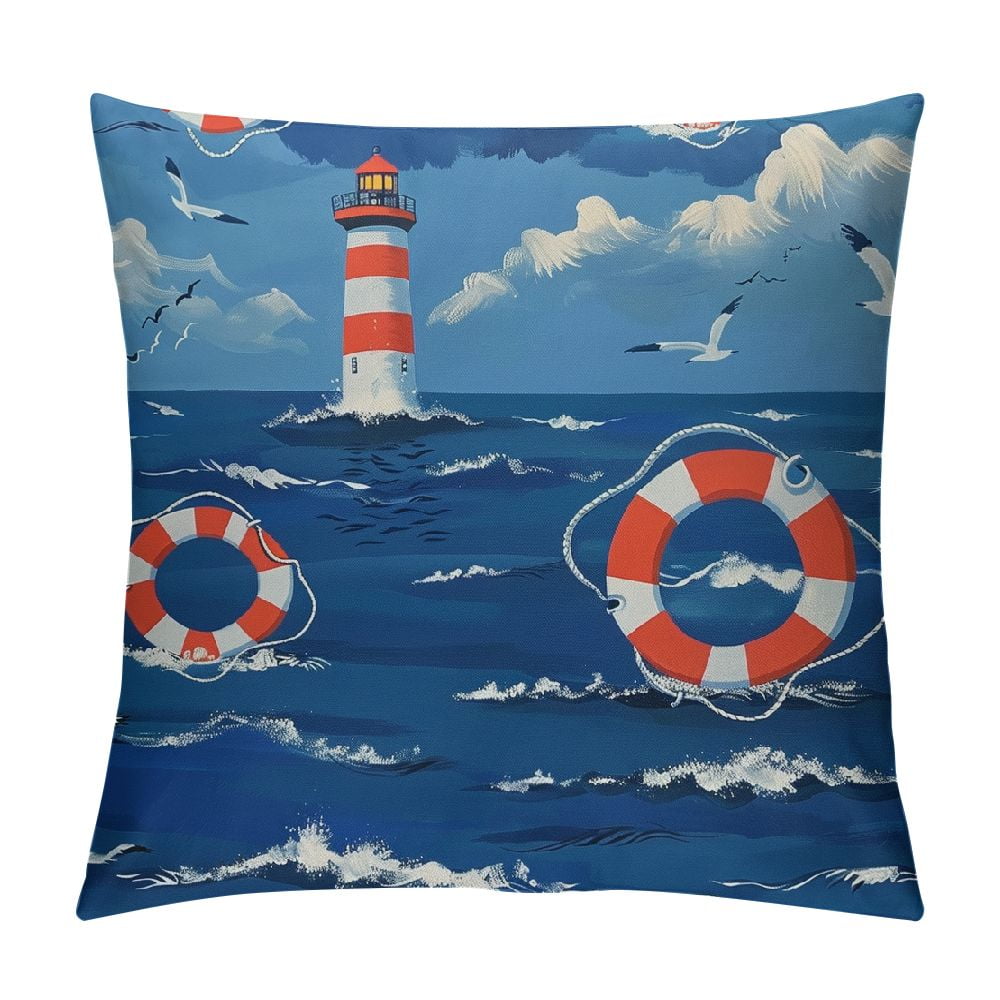 GOSMITH Throw Pillow Cover Nautical Sailing Anchor Helm Lifebuoy Bird Lighthouse Navy ...