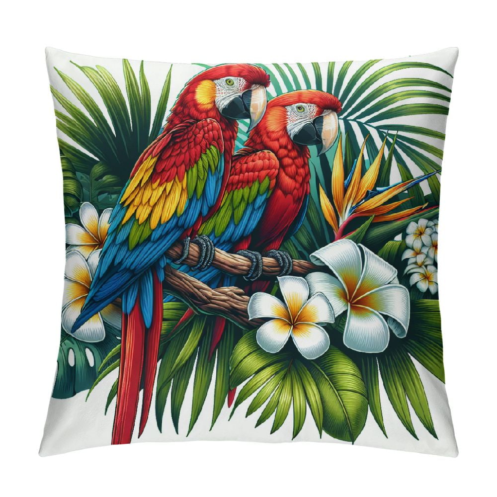 GOSMITH Throw Pillow Cover Square Parrots Sea Beach Hawaiian Palm Tree ...