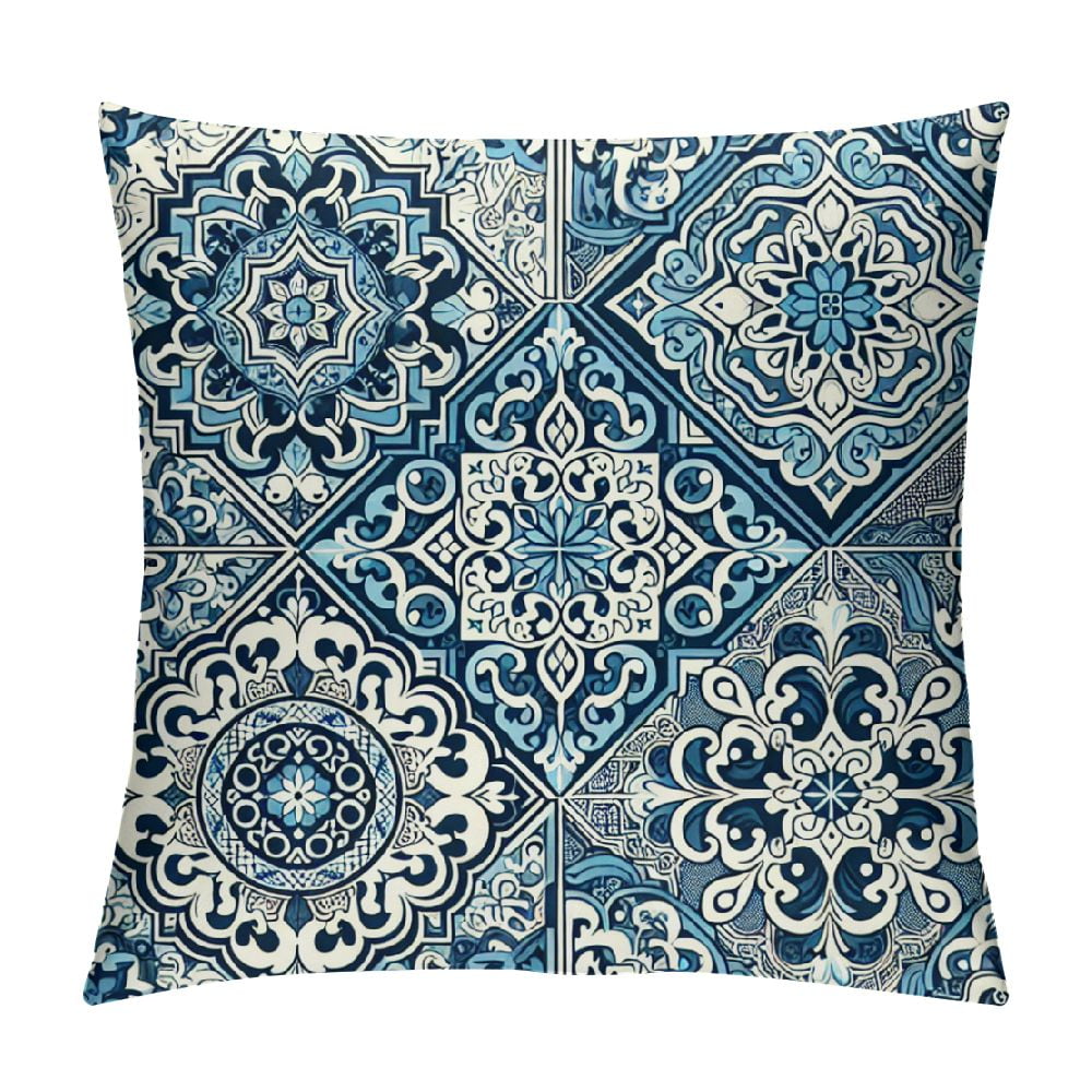 GOSMITH Tile Pillow Covers Blue and White Throw Pillow Cover Ceramic ...