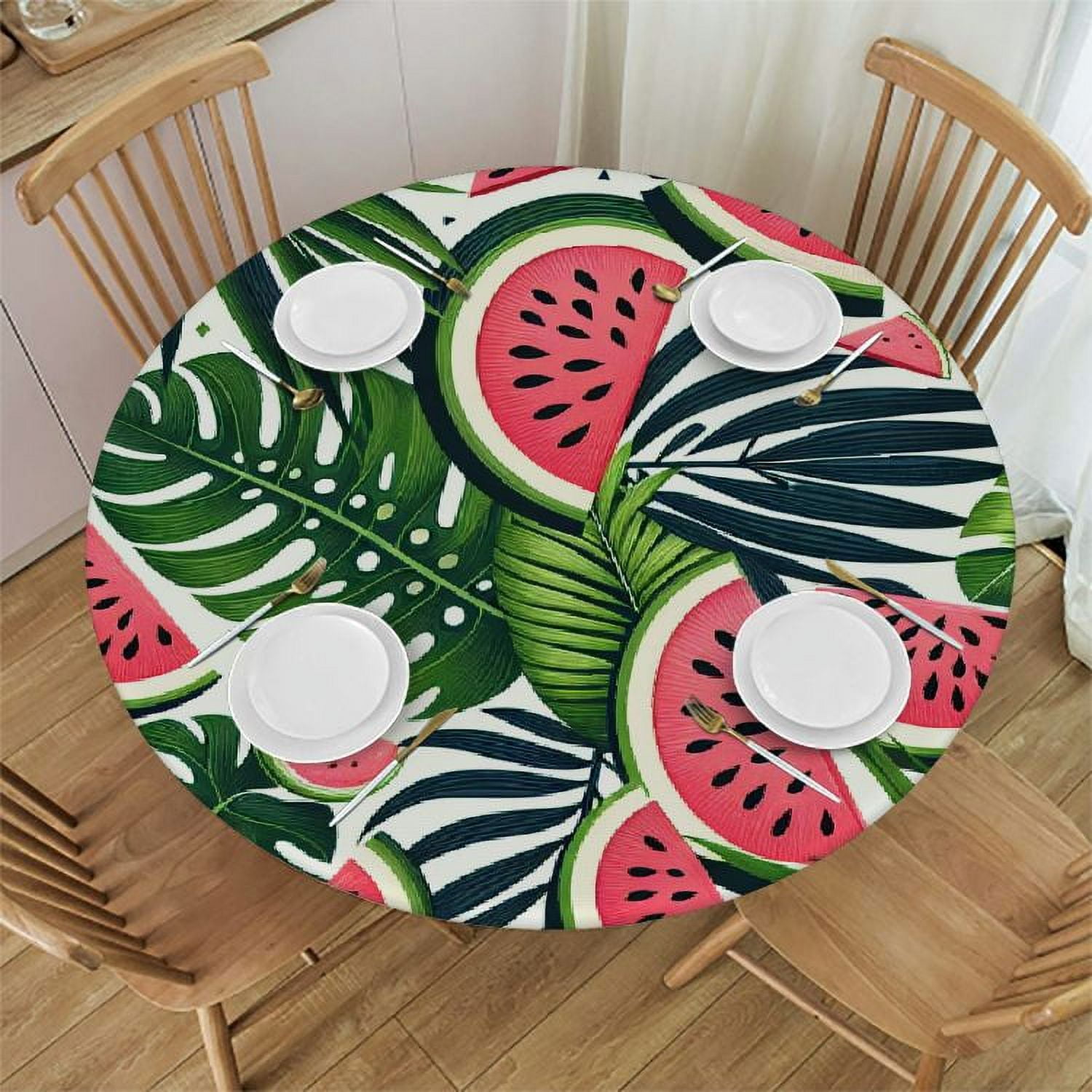 GOSMITH Tropical Banana Leaf Watermelon Satin Outdoor Fitted Round ...