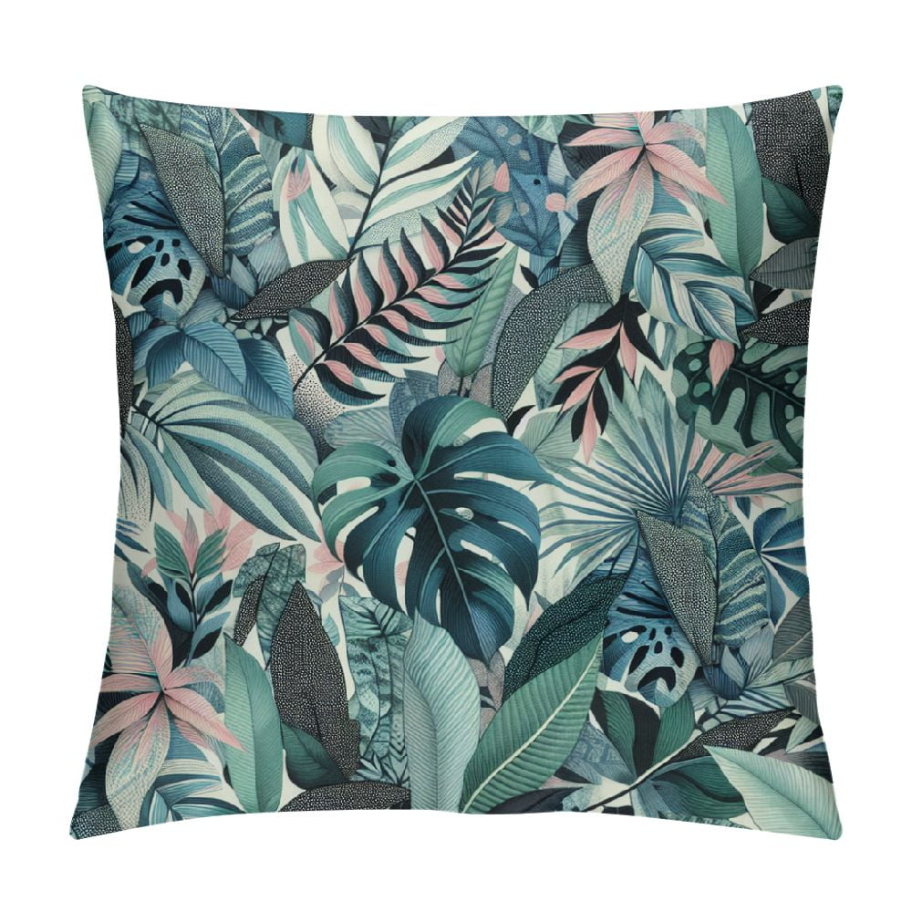 GOSMITH Tropical Palm Leaf Print Pillow Cover Summer Blue Green Plant ...
