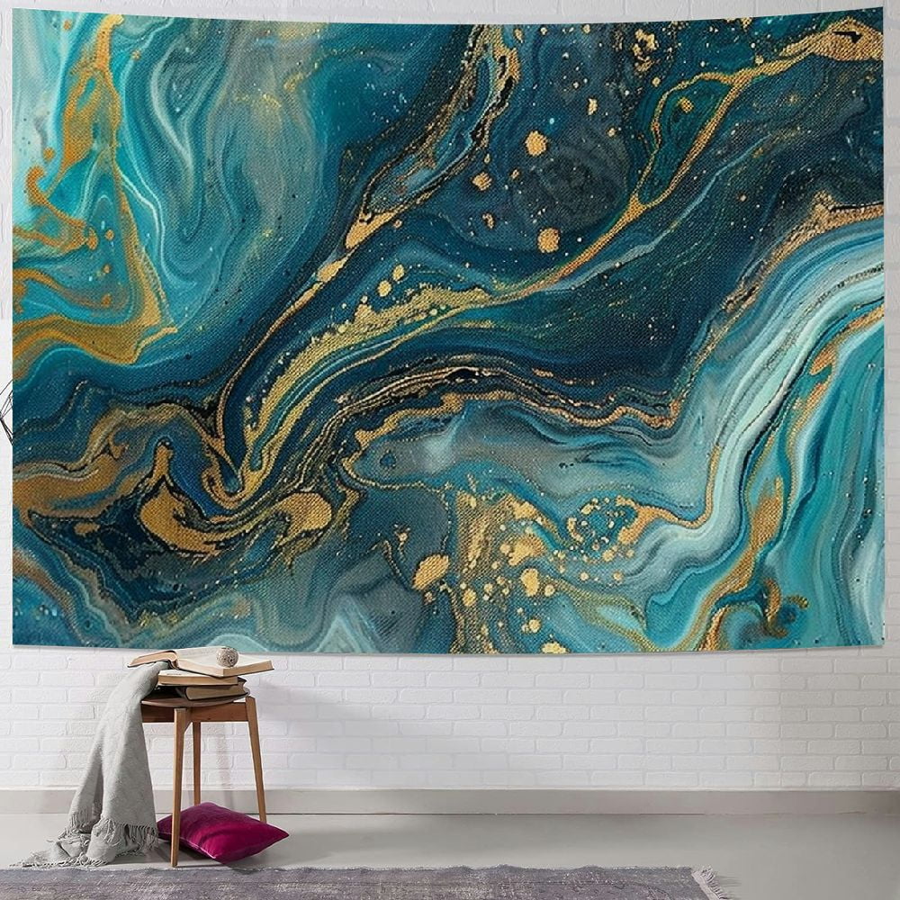 GOSMITH Turquoise Marble Tapestry Abstract Art Teal Gold Liquid Flowing ...
