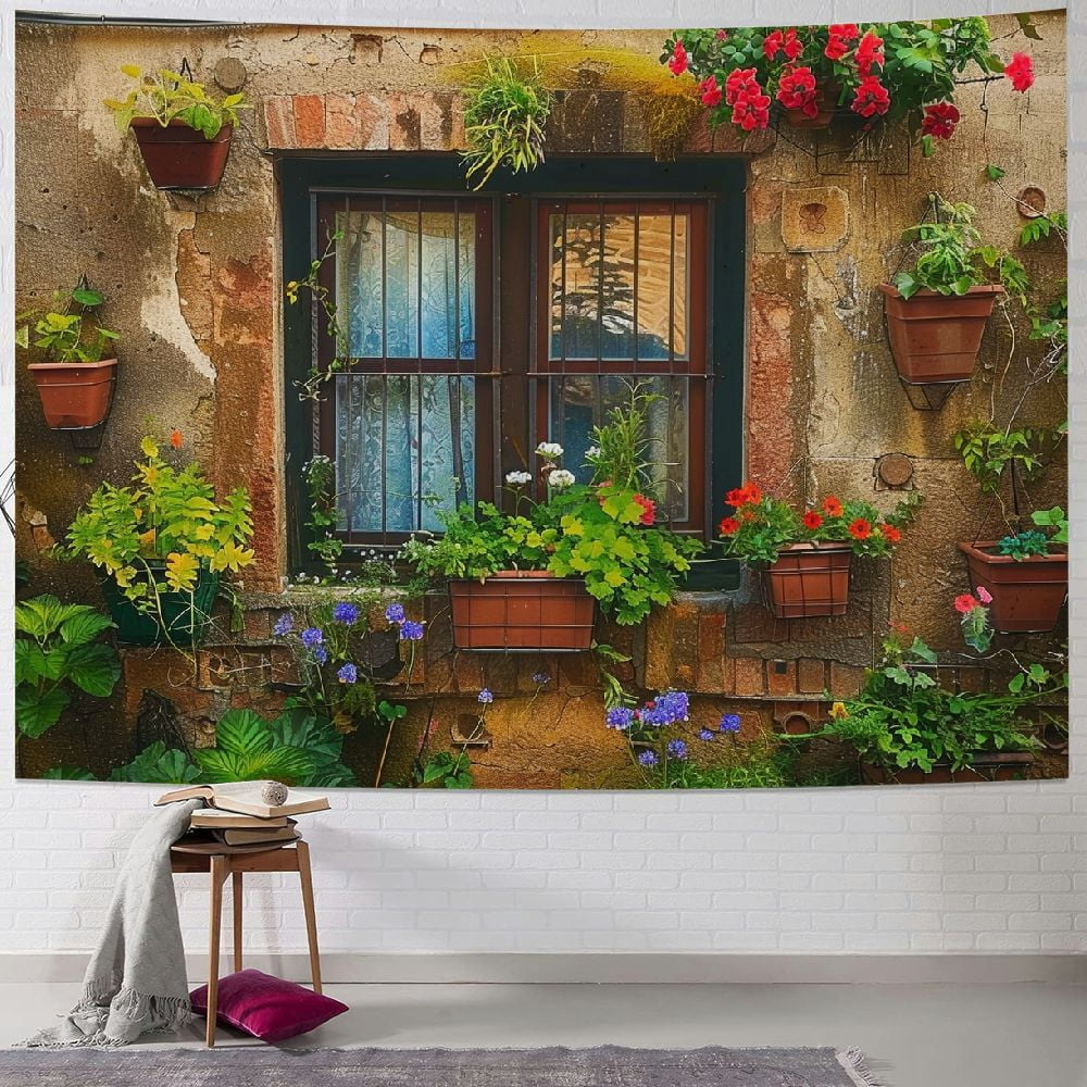 GOSMITH Tuscany Tapestry Italy Old Stone Wall Flowers Windows Tapestry ...