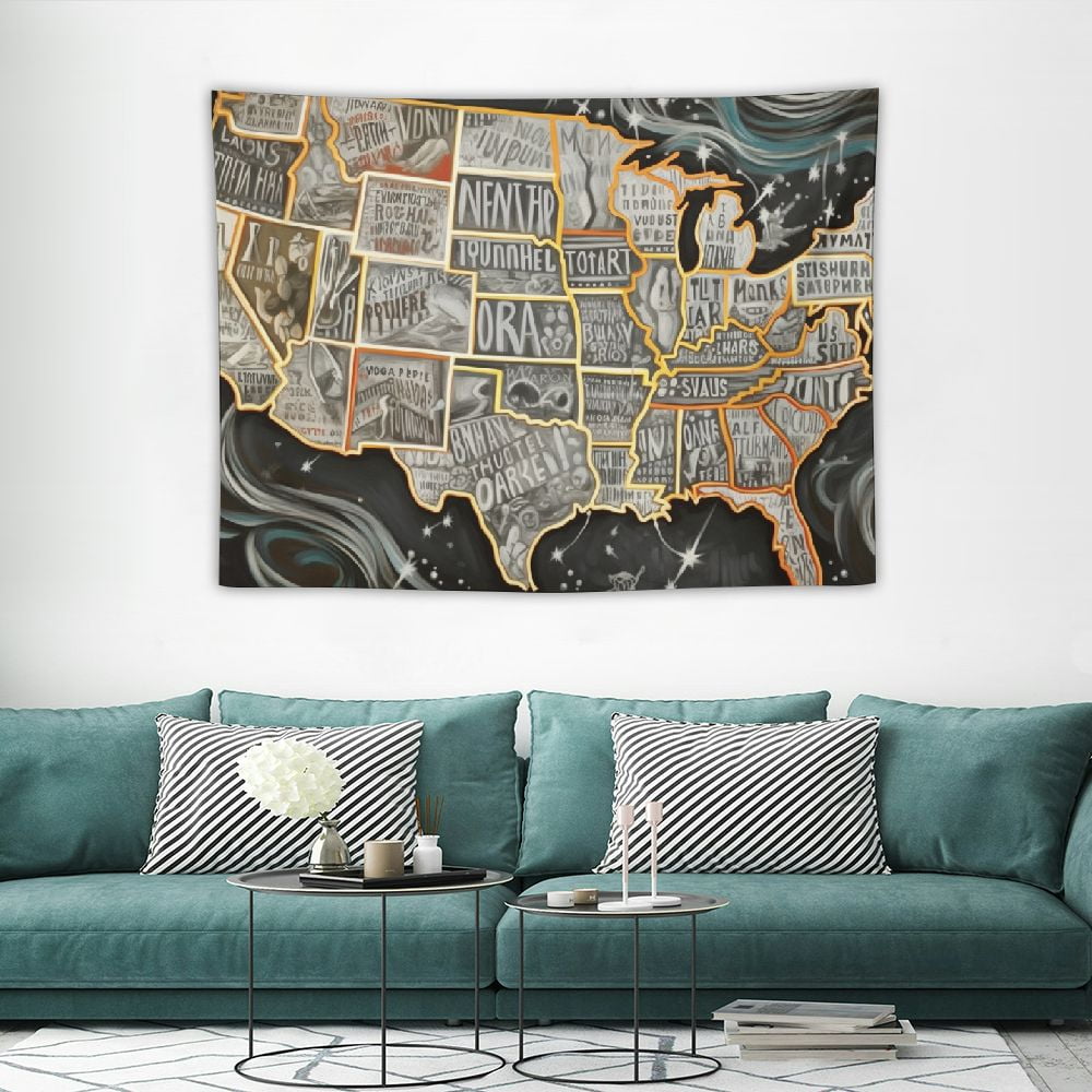 GOSMITH USA Map Tapestry, American Towns Calligraphy Style City ...