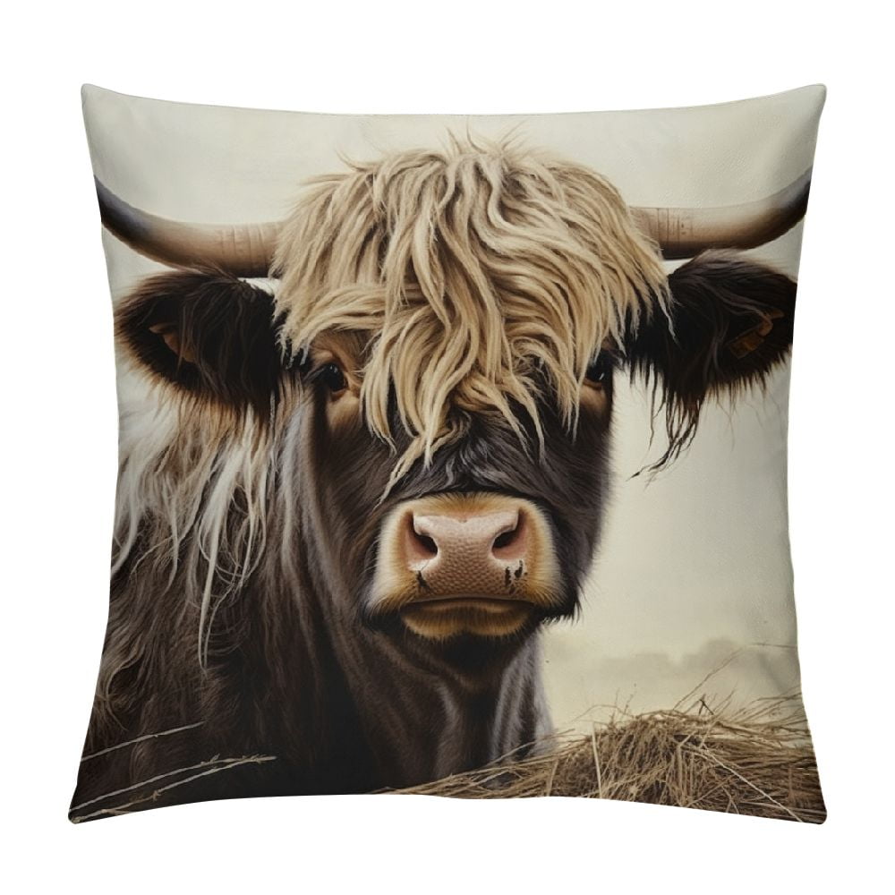 GOSMITH Venanoci Highland Cow Throw Pillow Cover，Brown Print Cow Pillow ...