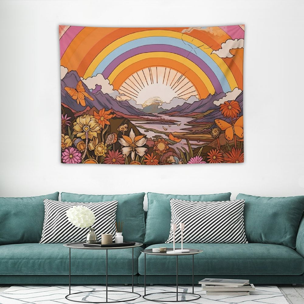 GOSMITH Vintage 70s 60s Groovy Tapestry, Retro Flowers Clouds Sun and ...