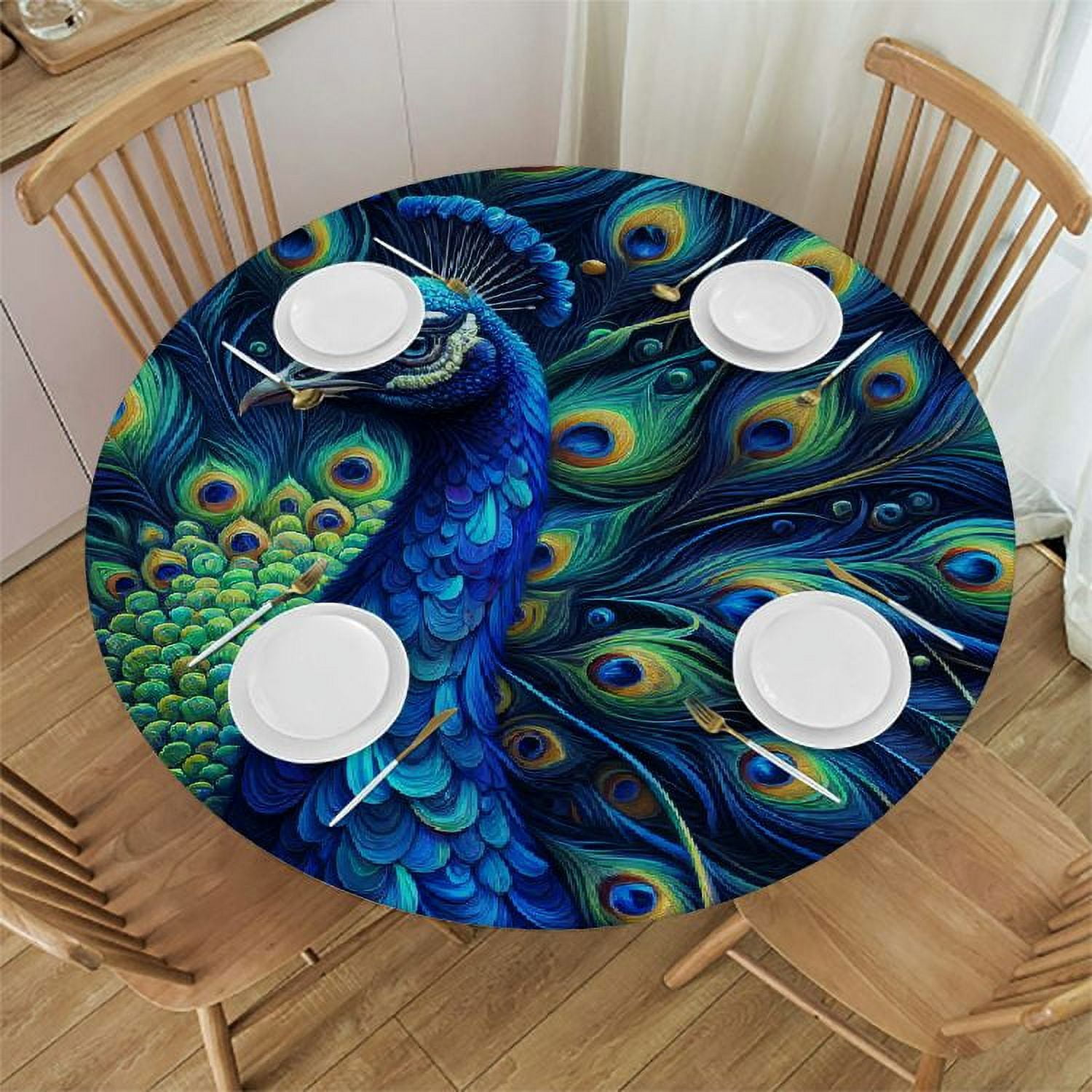 GOSMITH Vintage Peacock Feather Round Tablecloth Outdoor Fitted White ...