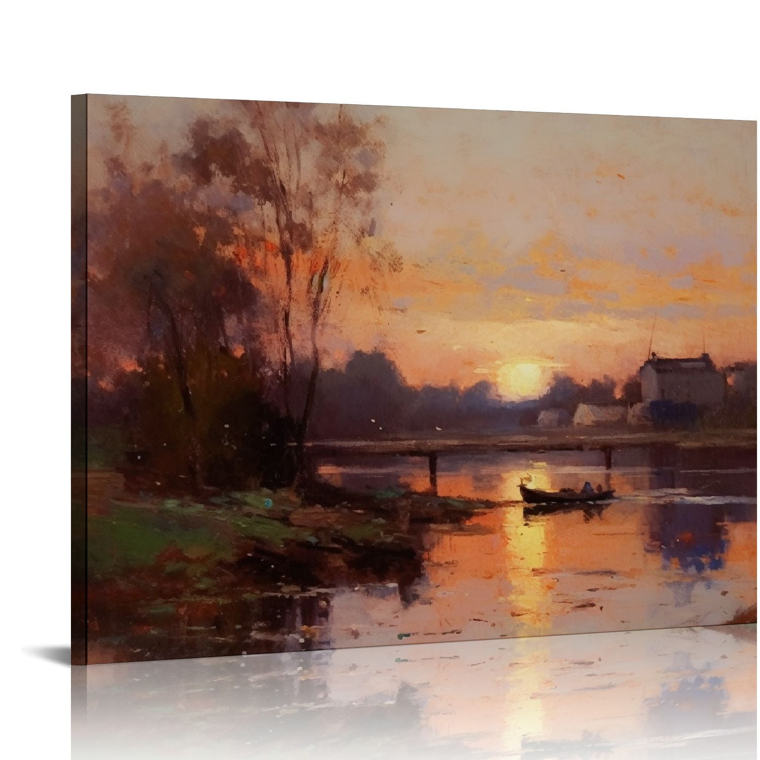 GOSMITH Vintage Wall Art, Rustic Sunset River Retro Painting, Framed ...
