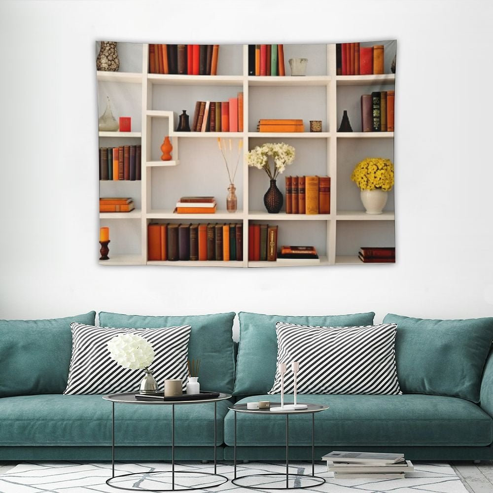 GOSMITH White Bookshelf Tapestry Bookcase Tapestry Home Office Tapestry ...