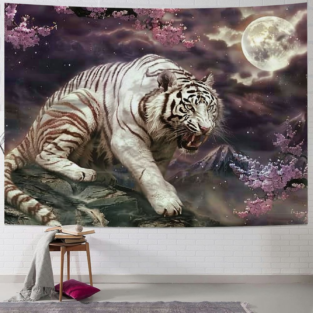 GOSMITH White Tiger Tapestry Dreamlike Night Pink Flowers White Tiger ...