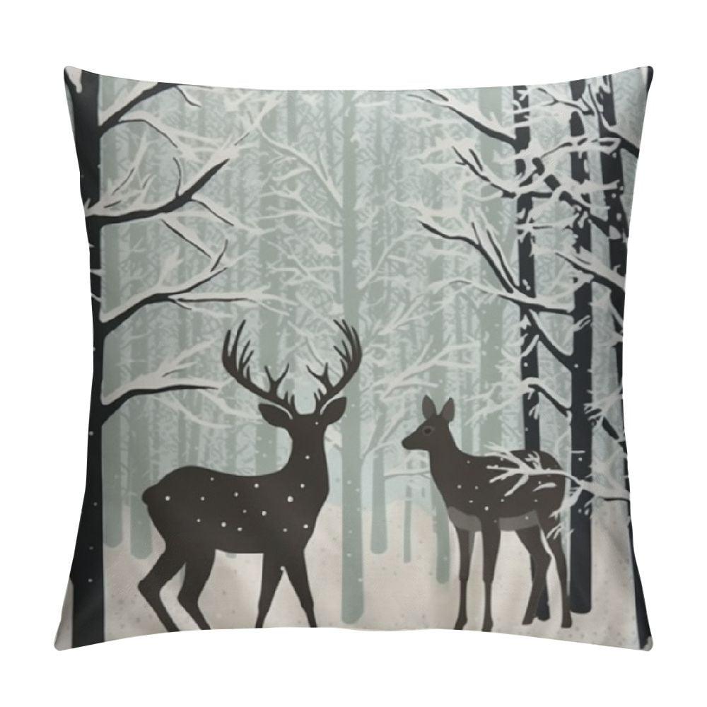 GOSMITH Winter Deer Pillow Covers, Winter Landscape Snow Tree Throw ...