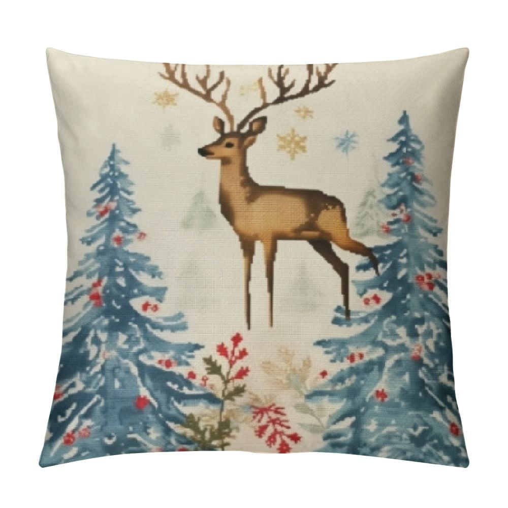 GOSMITH Winter Reindeer Pillow Covers Blue Watercolor Tree Forest Deer ...