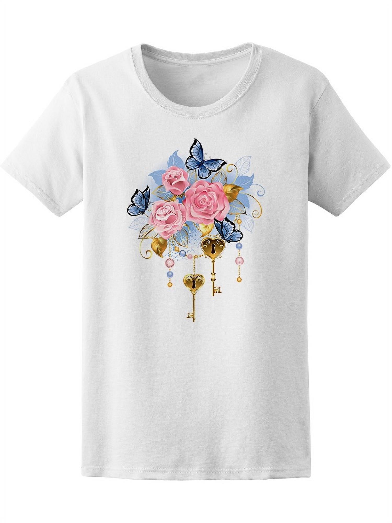 GOSMITH Womens Graphic Tee - Antique Gold Keys With Flowers - Regular ...