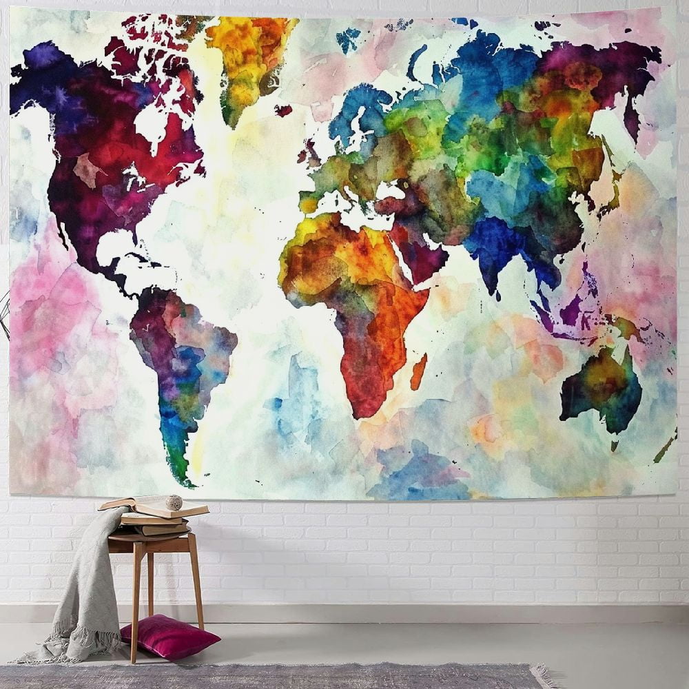 GOSMITH World Map Tapestry Classroom Tapestry Watercolor World Tapestry ...