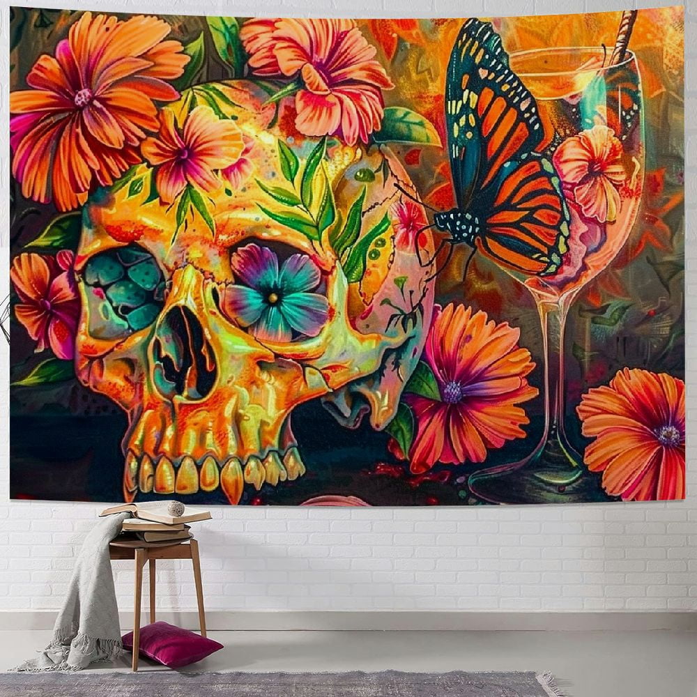 GOSMITH butterfly sugar skull tapestry trippy skeleton tropical palm ...