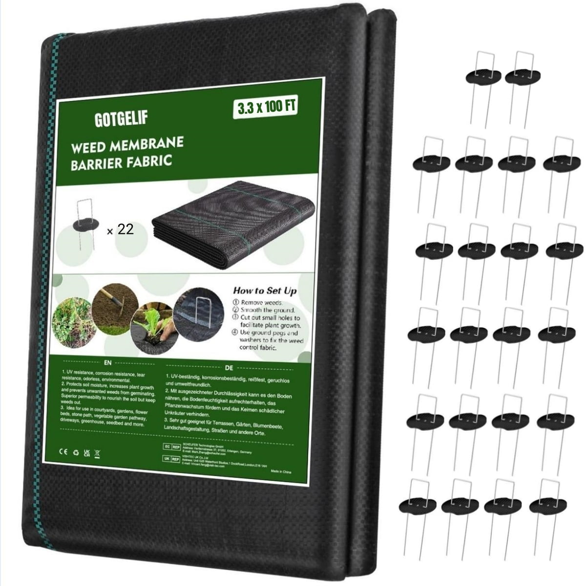 GOTGELIF® 3.3x100ft Weed Barrier Fabric with 22 U-Shaped Pegs, For ...