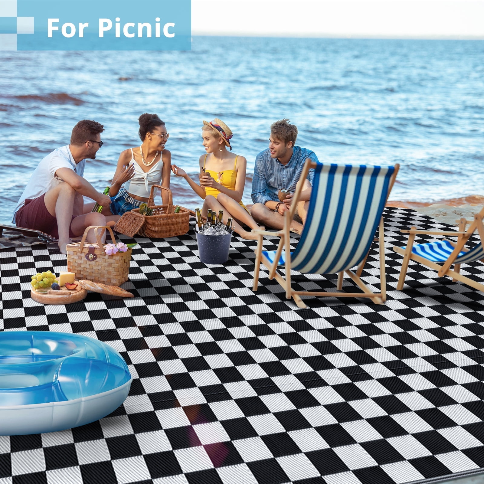 GOTGELIF 9x18 Reversible Outdoor Rug, Black/White, Portable for RV ...