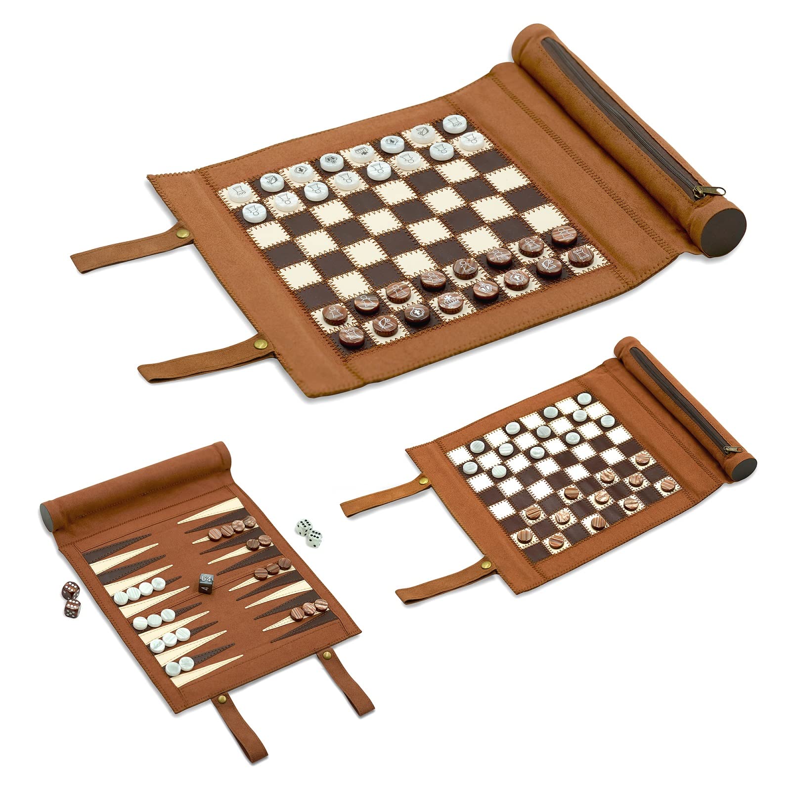 Woodronic 3 in 1 DHF10 Backgammon Chess Checkers Set, Roll Up Travel ...