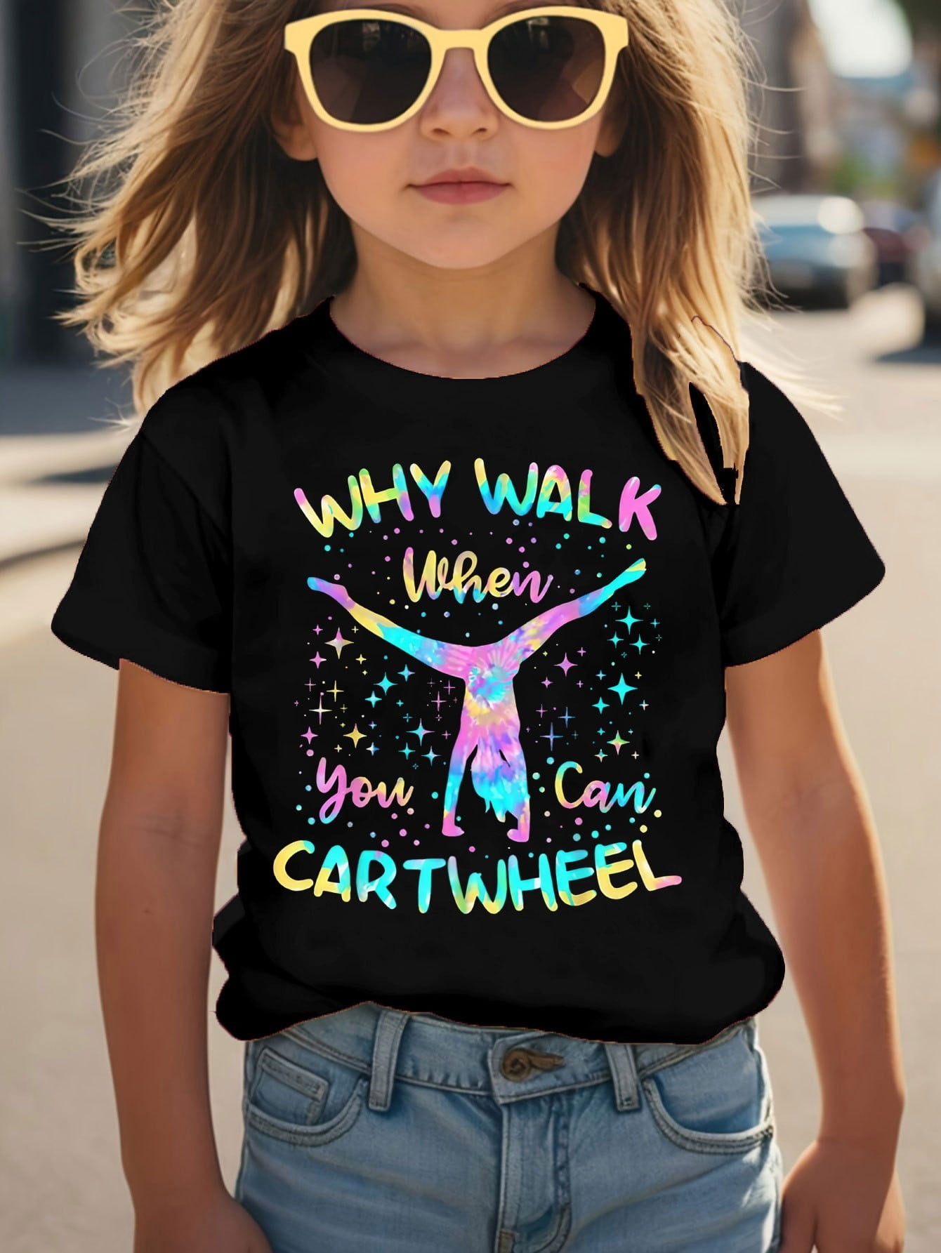 GOURD DOLL Girls' "Why Walk When You Can Cartwheel" Graphic Tee - Comfy Loose Fit, Short Sleeve ...
