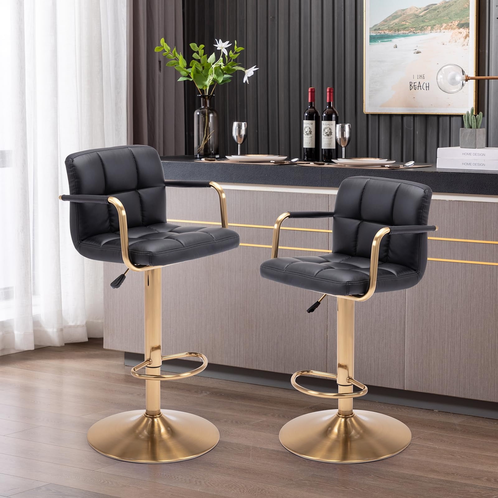 Bar Stools with Back Sets of 2, Adjustable Swivel Leather Barstools ...