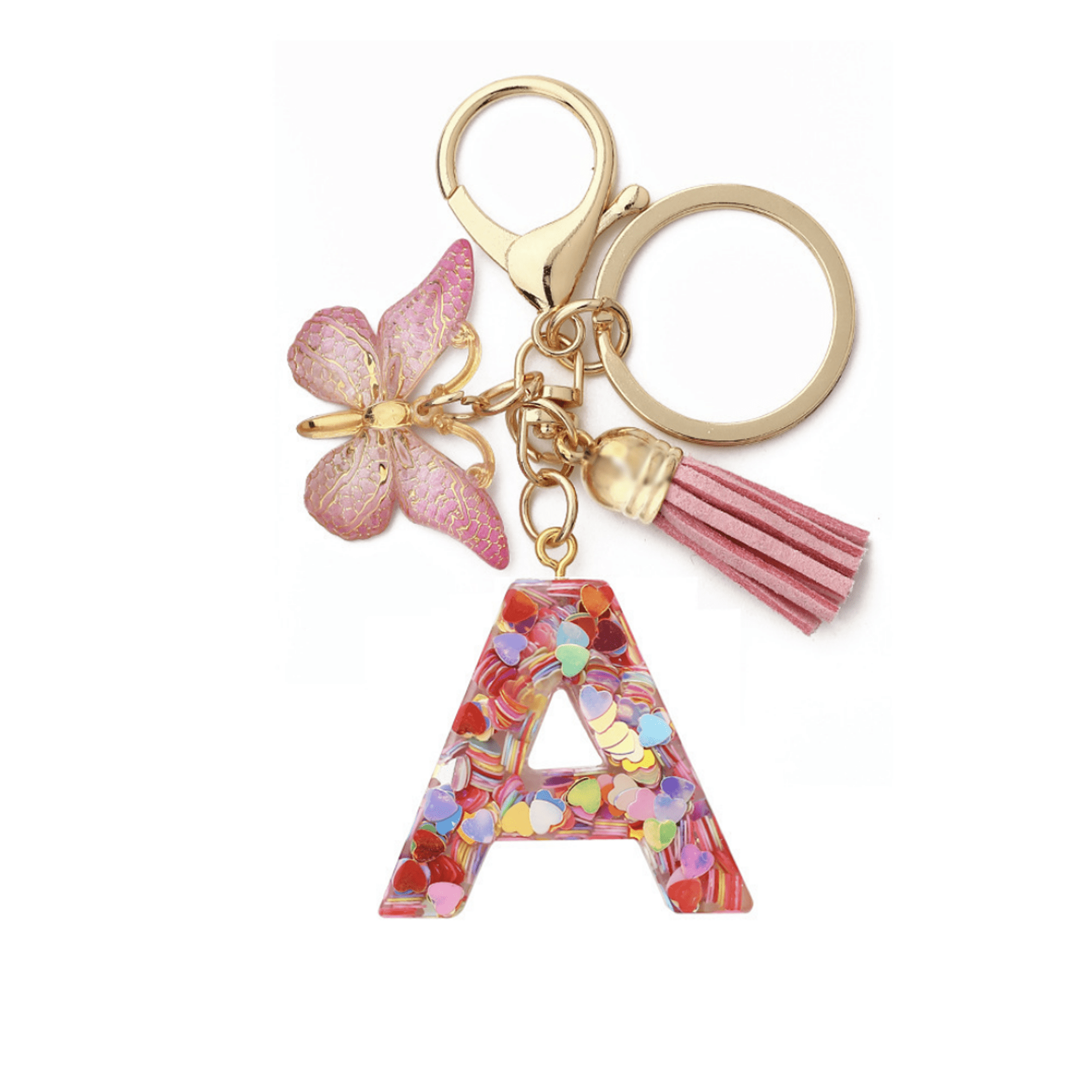 GOVSONE Pink Resin Alphabet Keychain with Butterfly Tassel Pendant, 10 ...