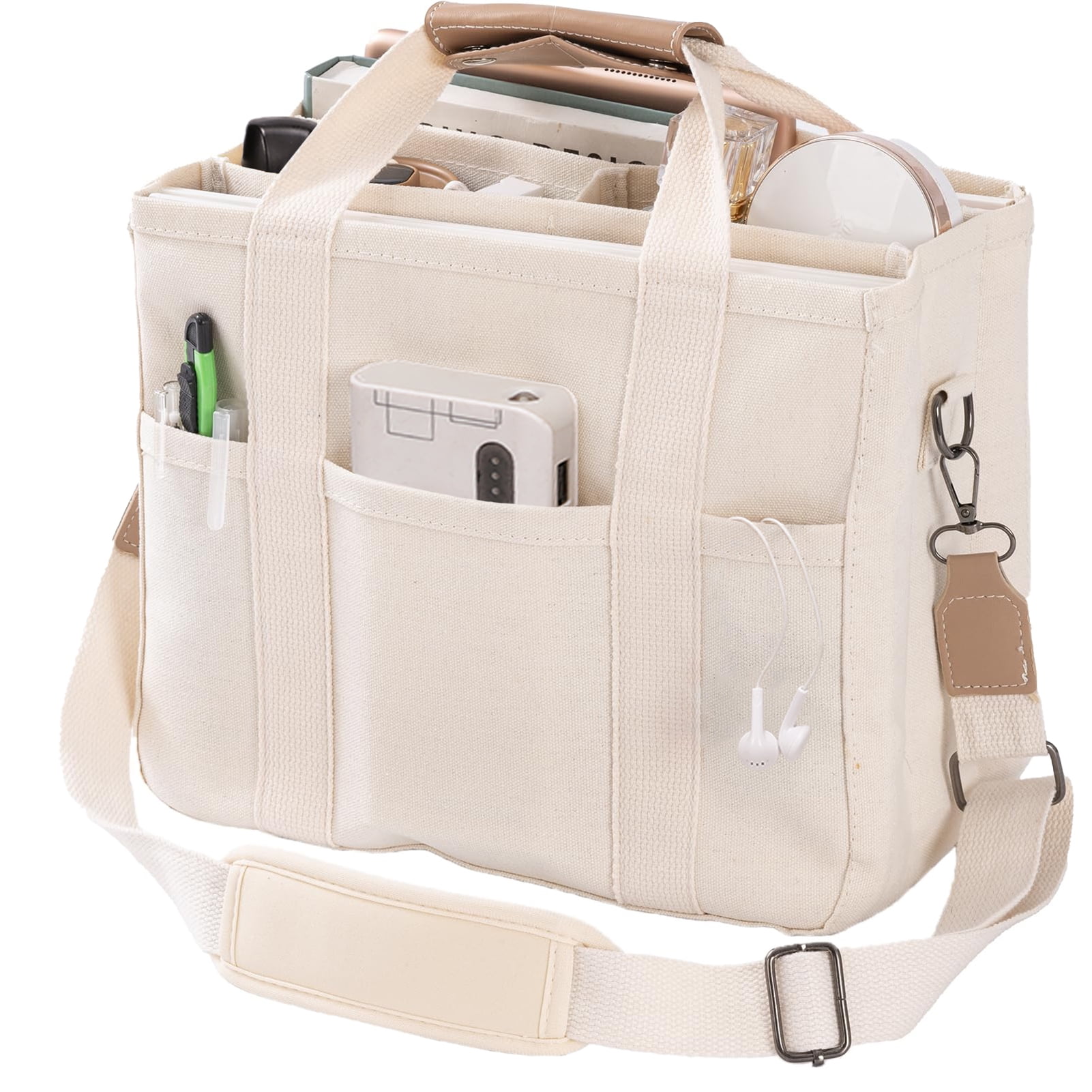 GOWELL Canvas Tote Bag with Compartments for Women Bottom Stitching ...