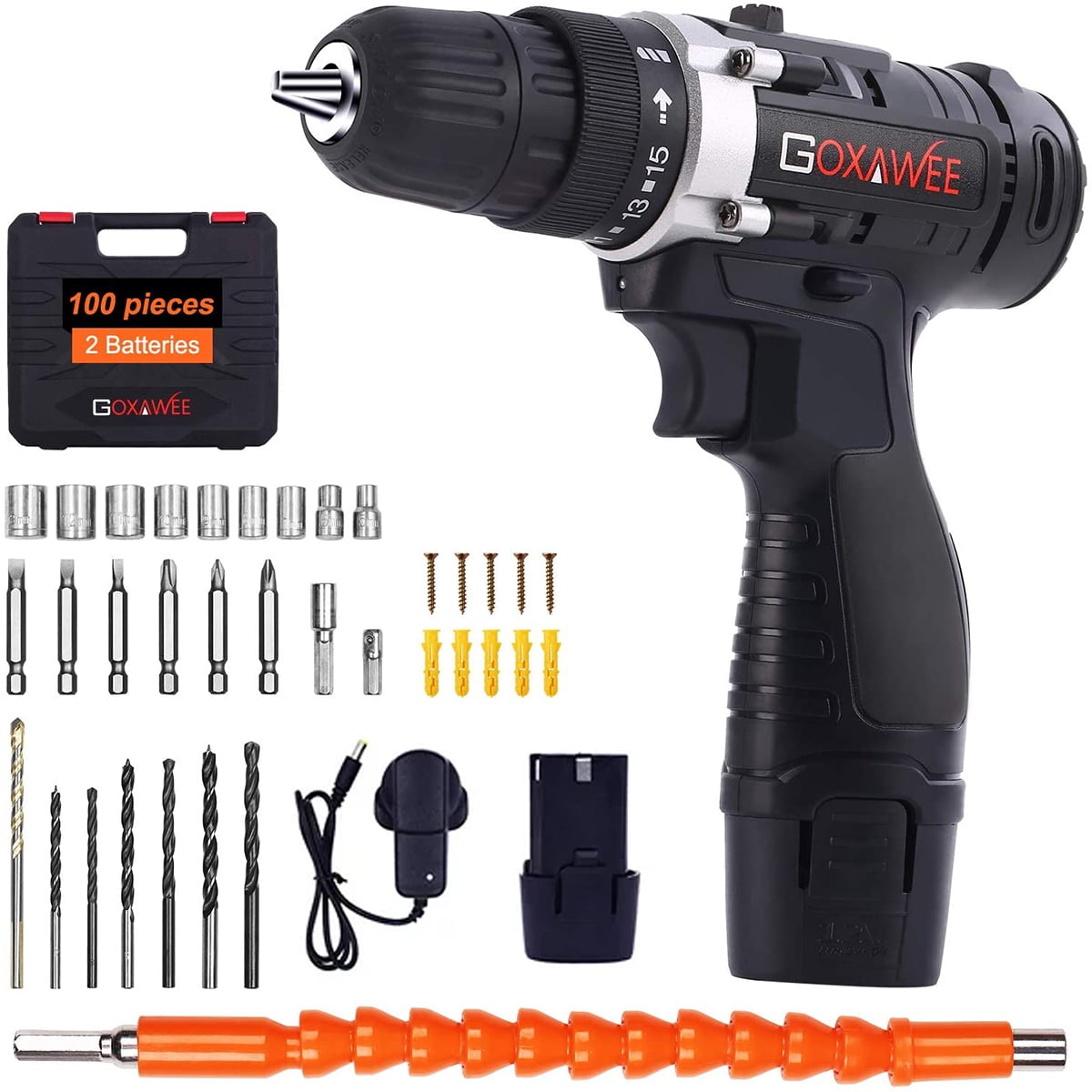 "GOXAWEE 12V Rechargeable Handheld Power Drill, Lightweight, with 2 ...